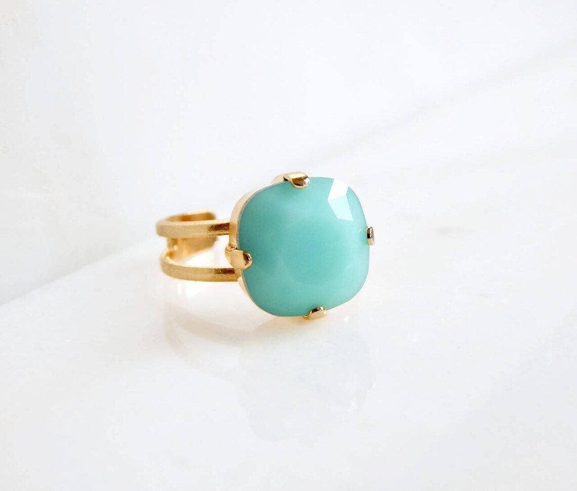 Mint Green Crystal Cocktail Ring - Cushion Cut Crystal Ring - Mint Ring ...