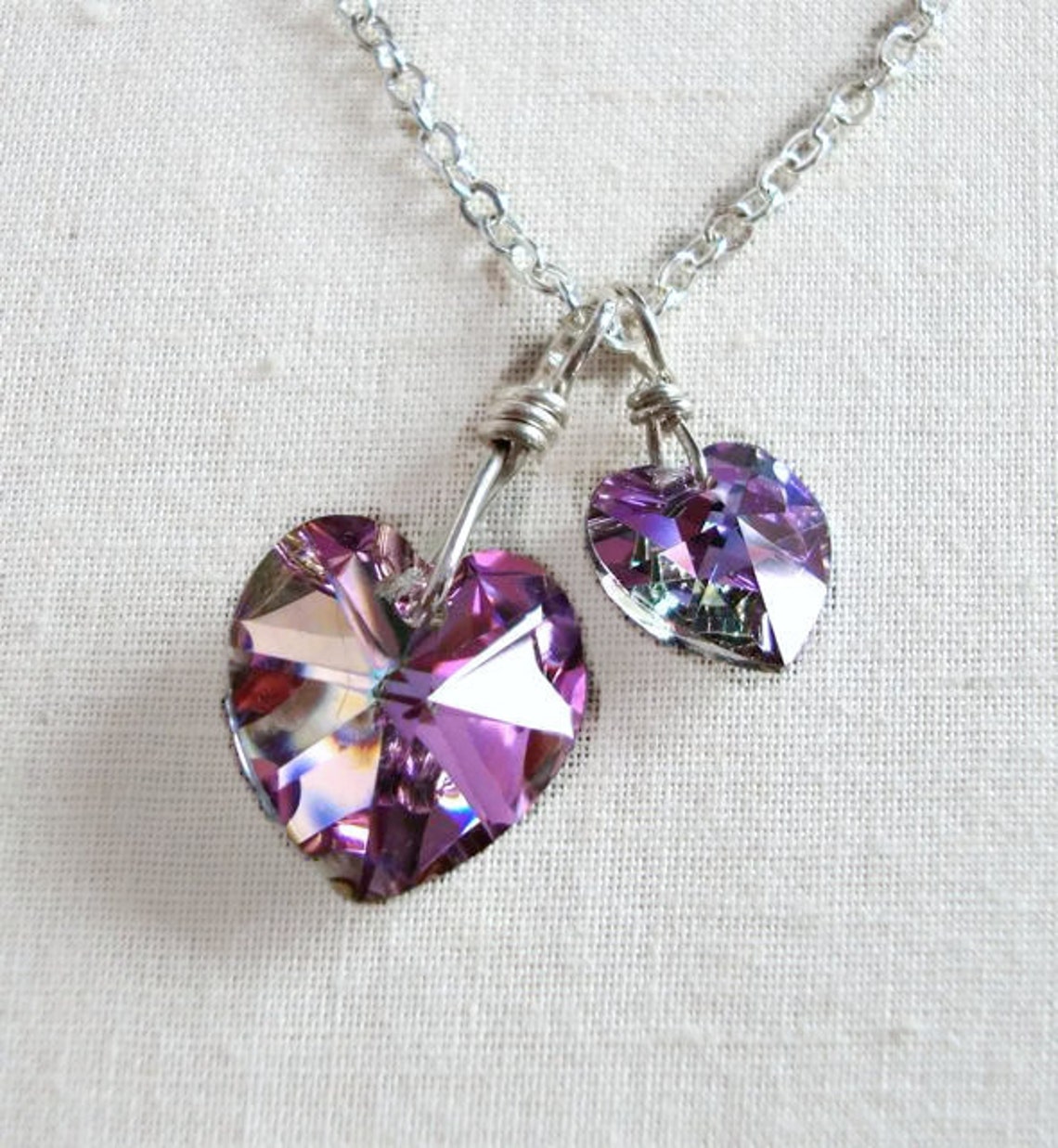 Two Hearts Necklace Crystal Necklace Hearts Necklace - Etsy