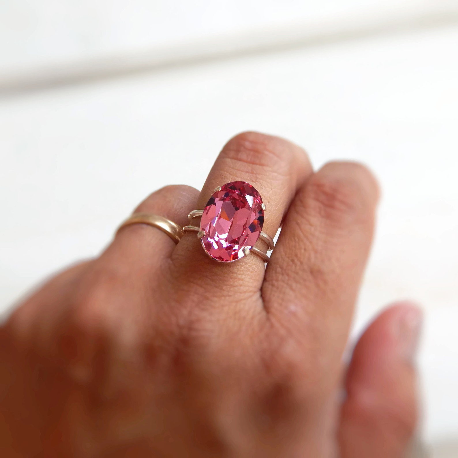 Pink Crystal Oval Ring Crystal Ring Statement Ring - Etsy
