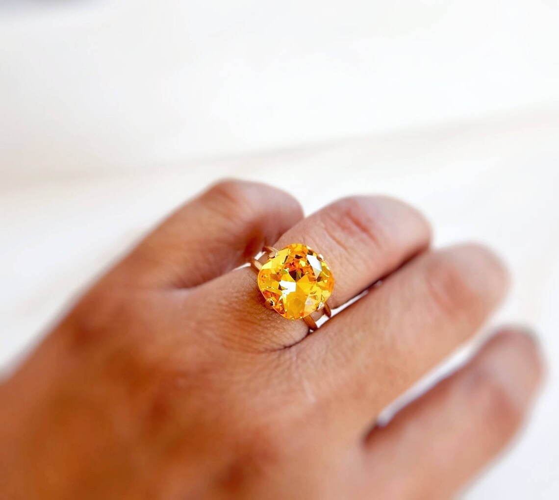 Citrine Yellow Crystal Ring - Topaz Ring - Swarovski Crystal Ring ...