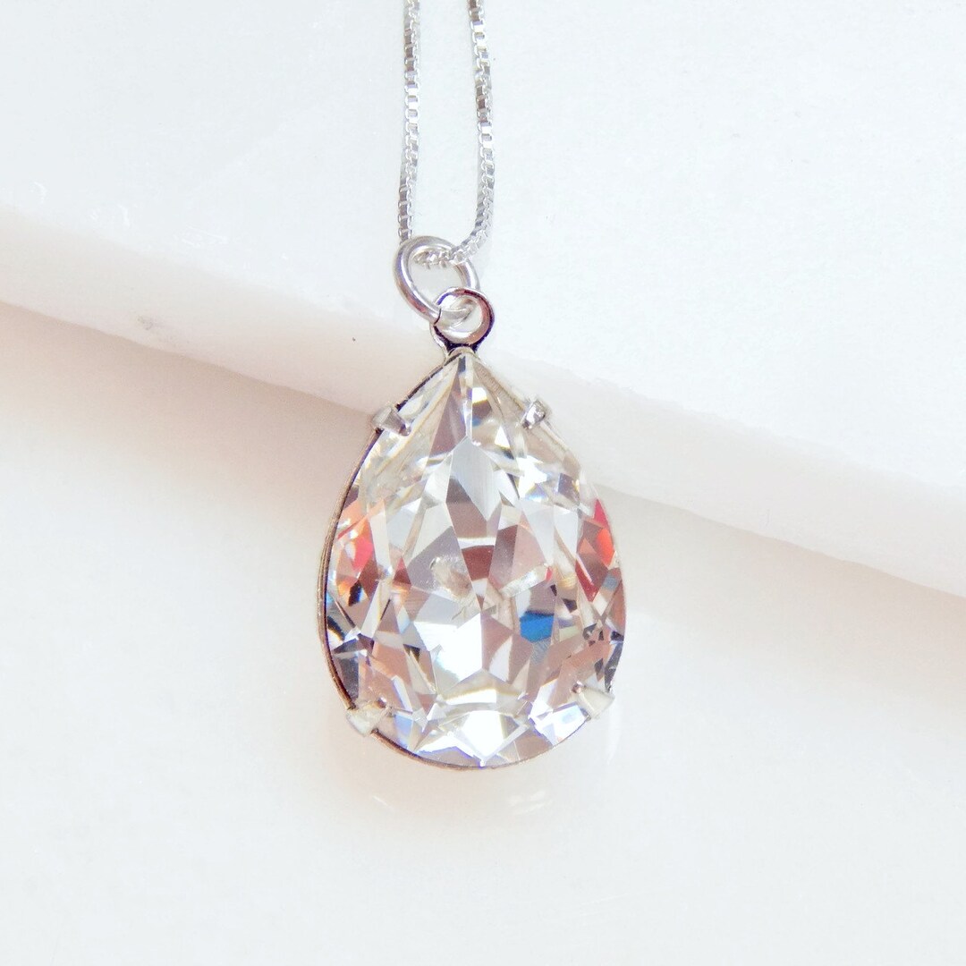 Clear Pear Shape Crystal Necklace on Sterling Silver - Bridal Jewelry ...