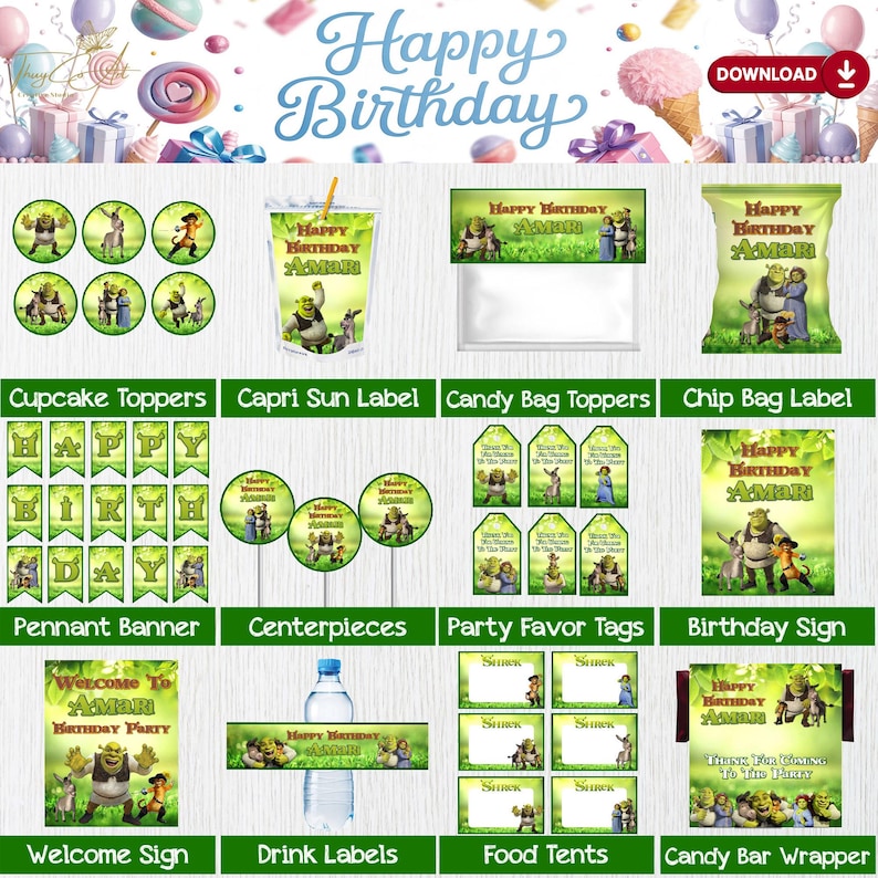 Personalized Shrek Birthday Party Decor Bundle (digital Download) - Etsy