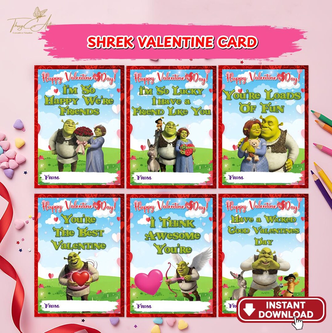 Shrek Valentine Cards Set, Kids Printable Valentines (instant Download ...