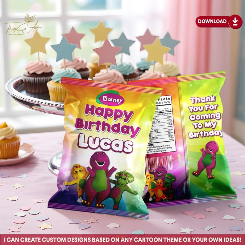 Digital Barney Chip Bag, Kids Birthday Party Decor Printable, Custom ...