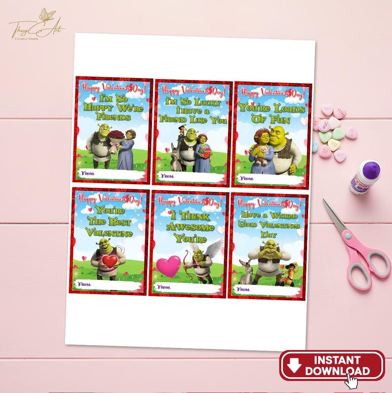 Shrek Valentine Cards Set, Kids Printable Valentines (instant Download ...