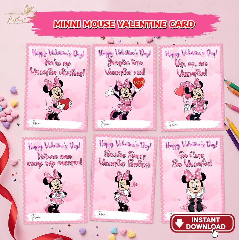Printable Minnie Mouse Valentine Card, Classic Pink Valentine Cards for ...