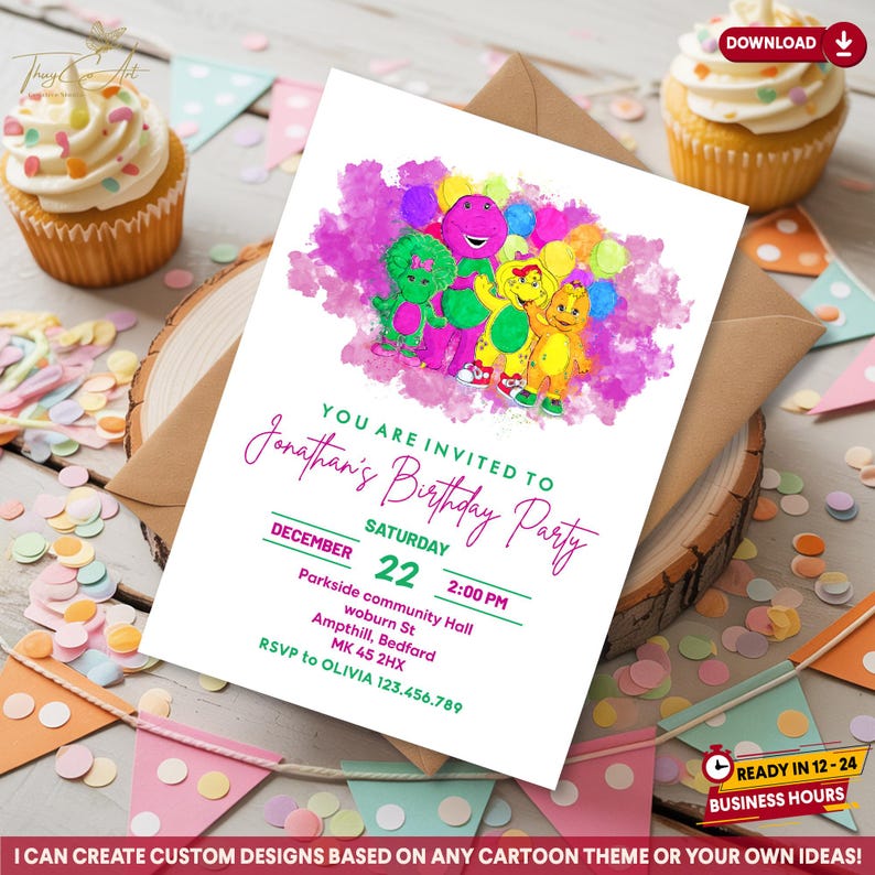 Barney and Friends Invitation, Custom Birthday Invite, Purple Dinosaur ...