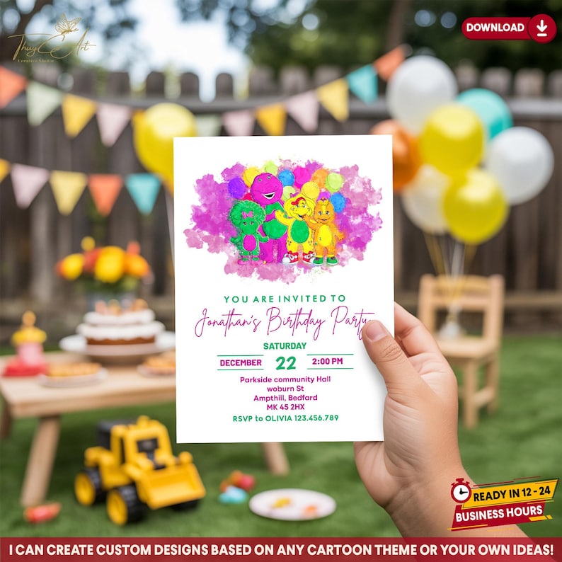 Barney and Friends Invitation, Custom Birthday Invite, Purple Dinosaur ...