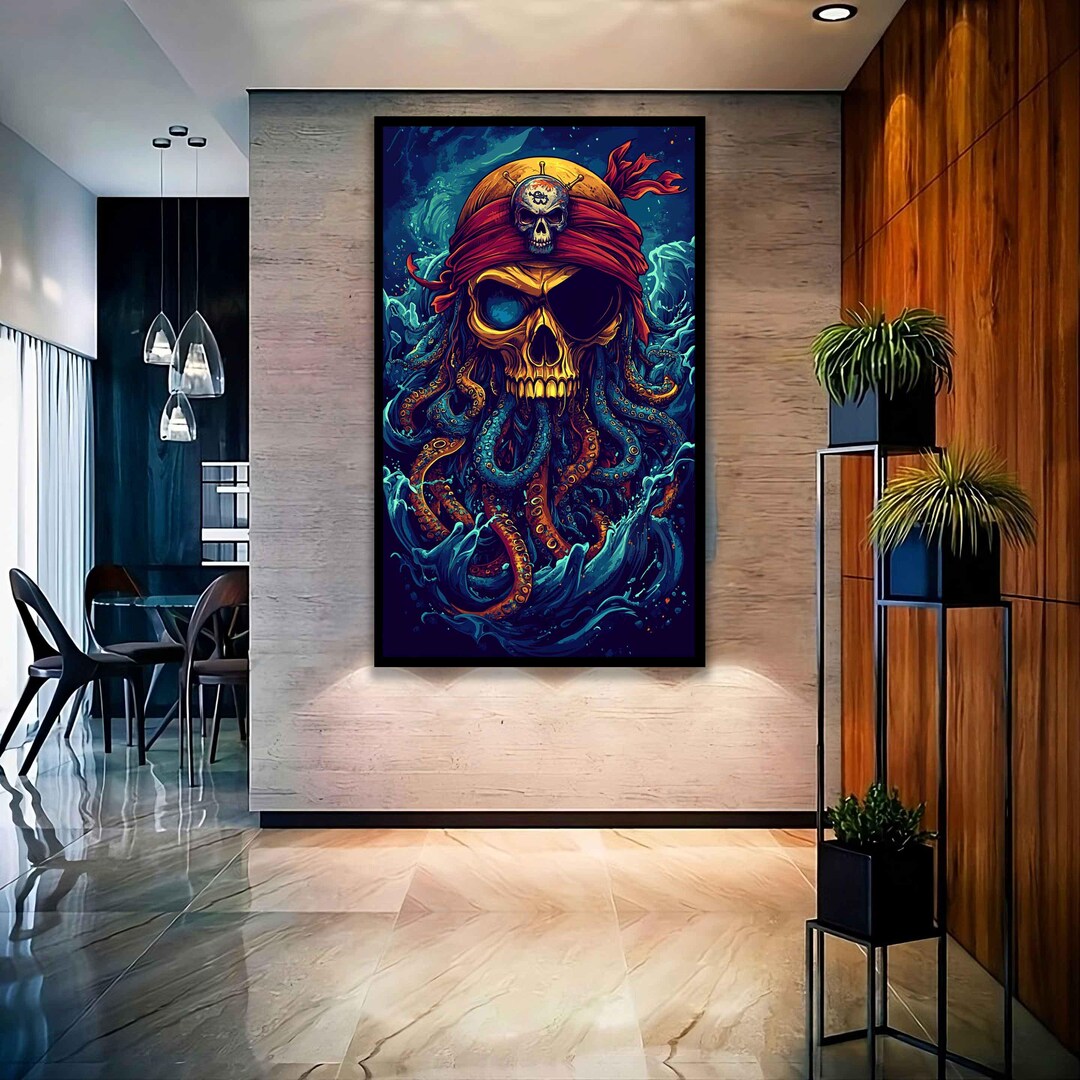 Pirate Skull Octopus Art Print, Pirate Skull Canvas, Skull Painting ...