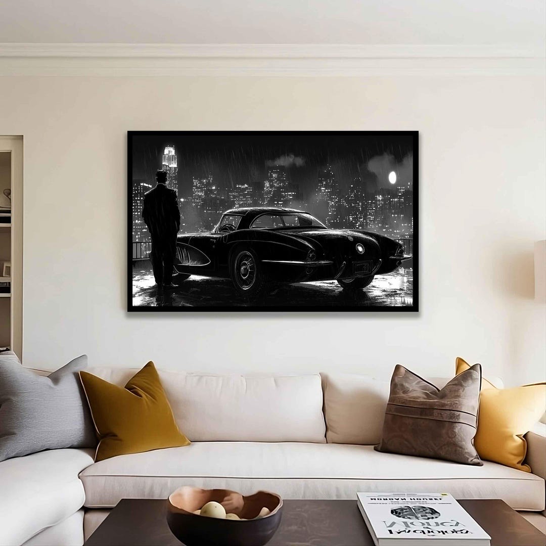 Black and White Man With Car City Landscape Painting, Man Sin City Car ...