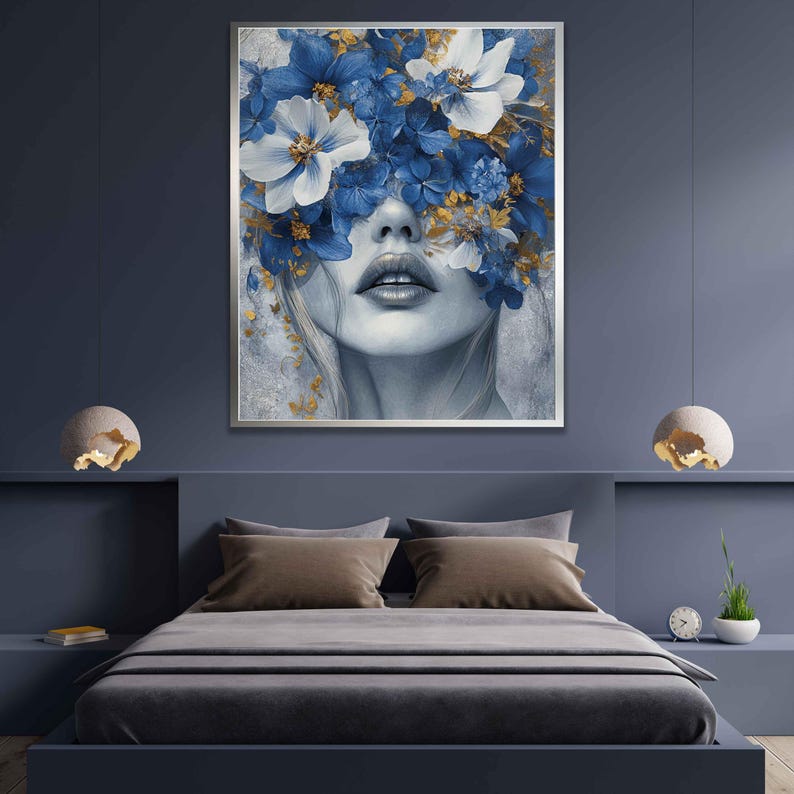 Woman Blue Flowers on Head Digital Print, Woman Wall Art, Head of ...