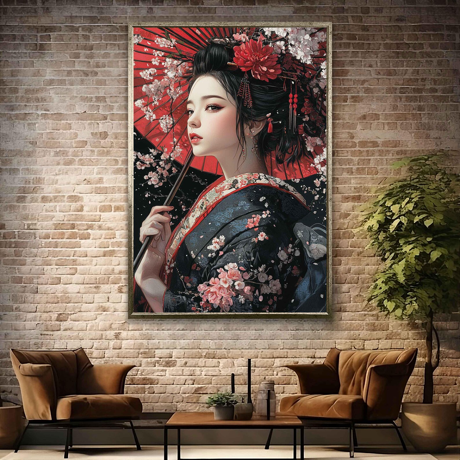Geisha Umbrella Canvas, Geisha Painting, Geisha Sakura Blossoms Art ...