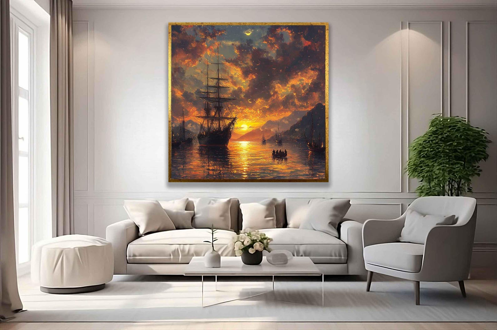 Ships Sunset Scenery Art Print, Ships Sunset Sea Landscape Painting, Ship Wall Art, Ship Wall ...