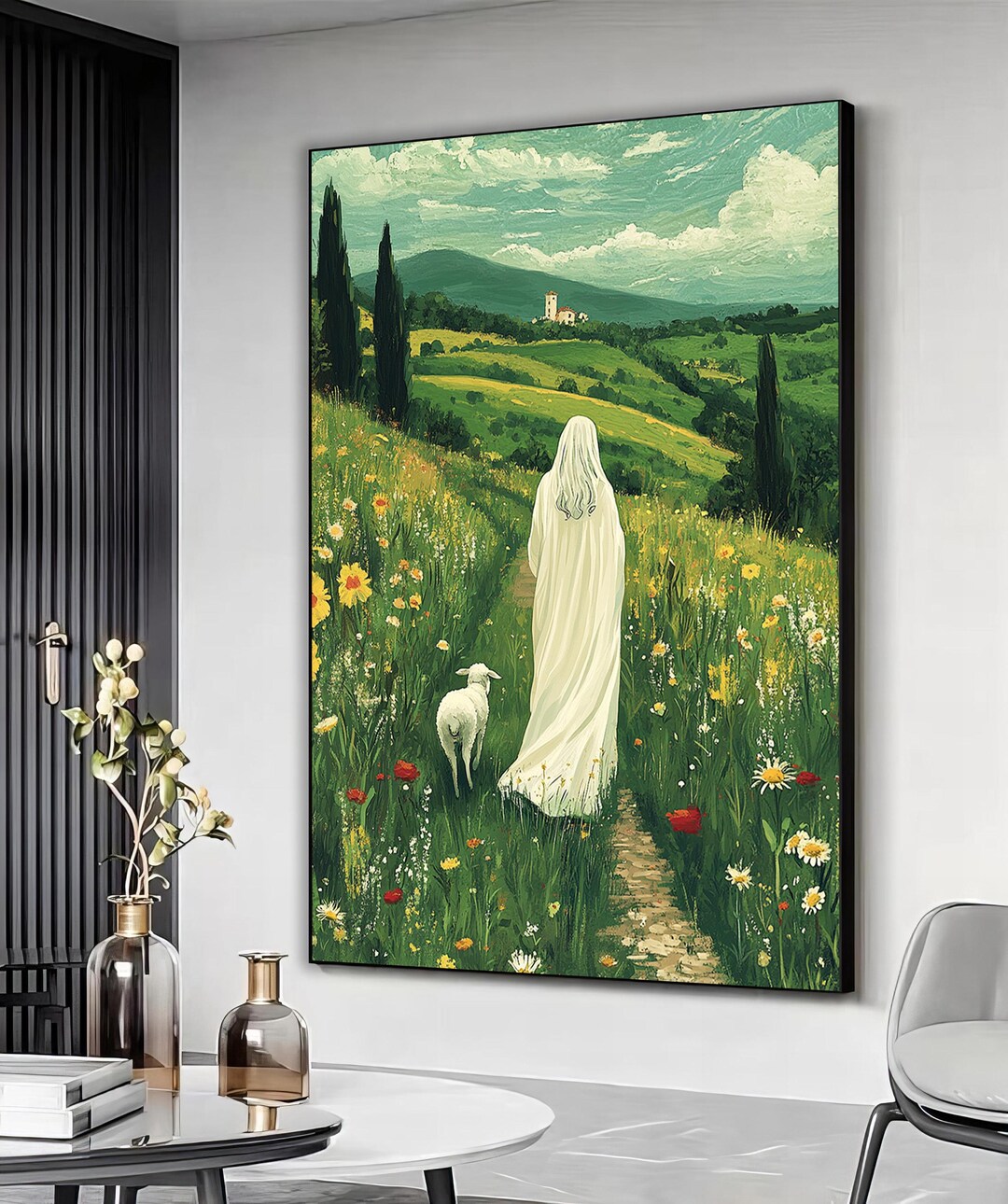 Blessed Virgin Mary Walking With a Sheep Canvas Wall Art, Ready to Hang ...