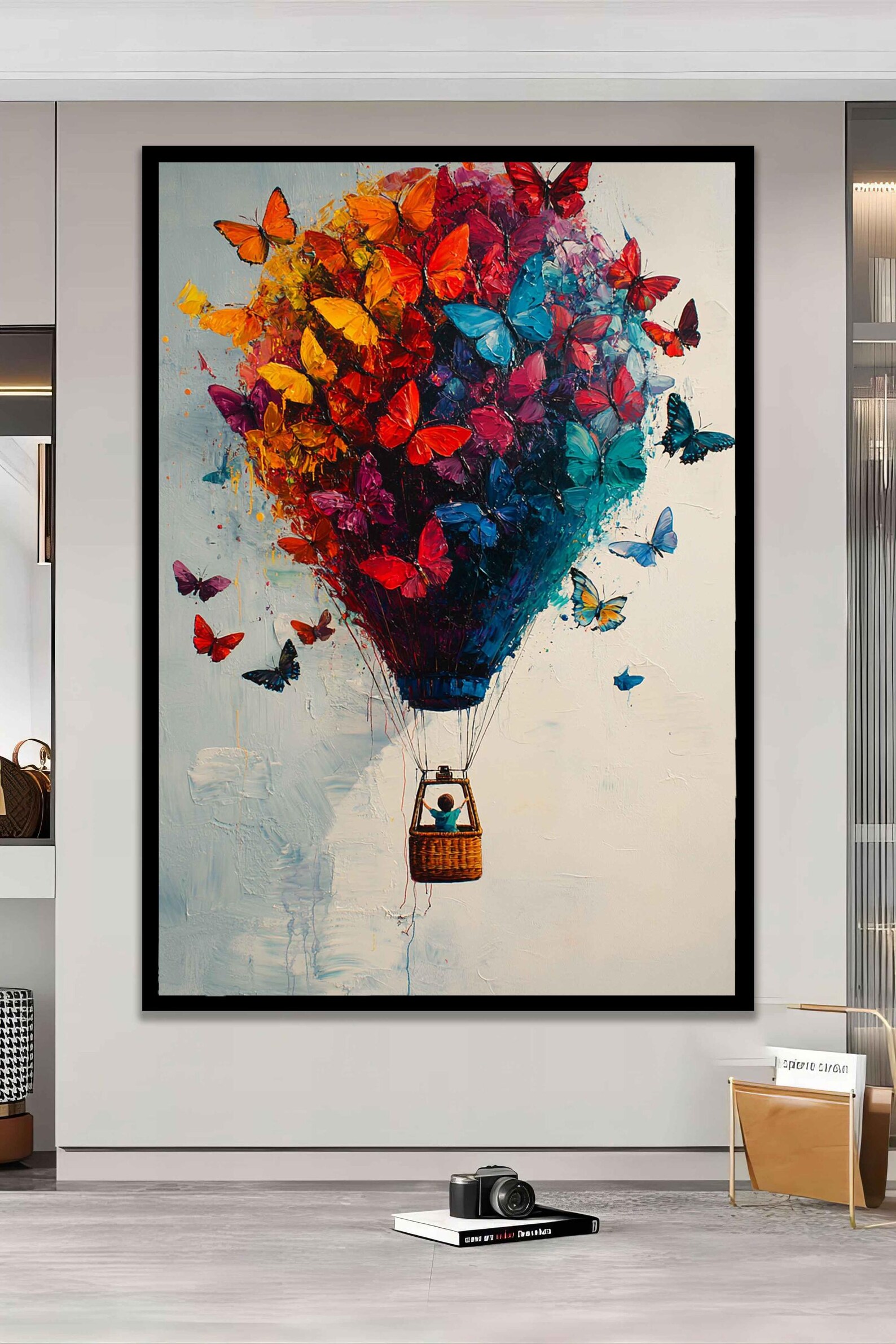 Kid in Hot Air Balloon Art Canvas Print, Colorful Artwork, Butterflies ...
