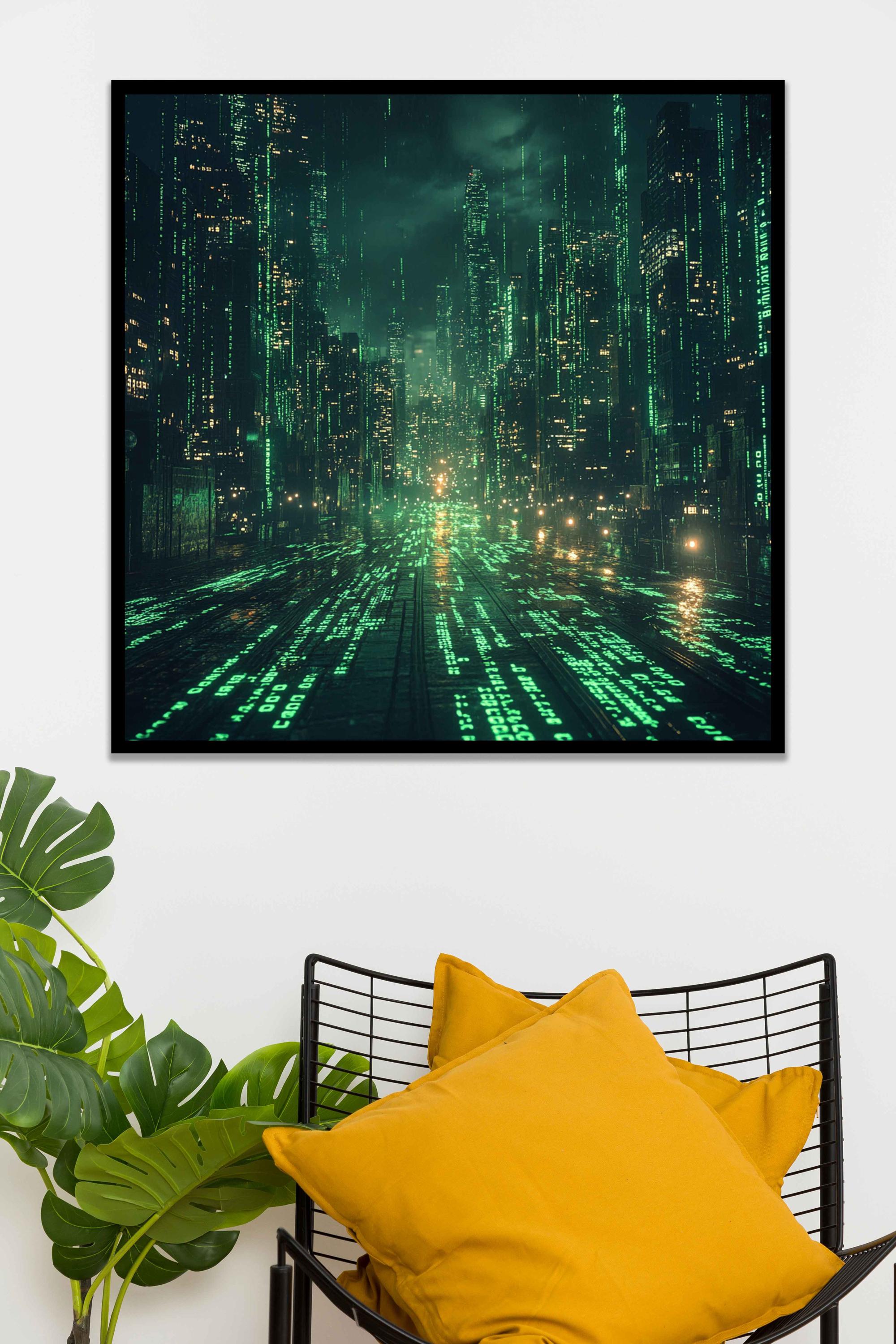 Matrix Binary Code Art Print, Matrix Inspired City Landscape Binary ...