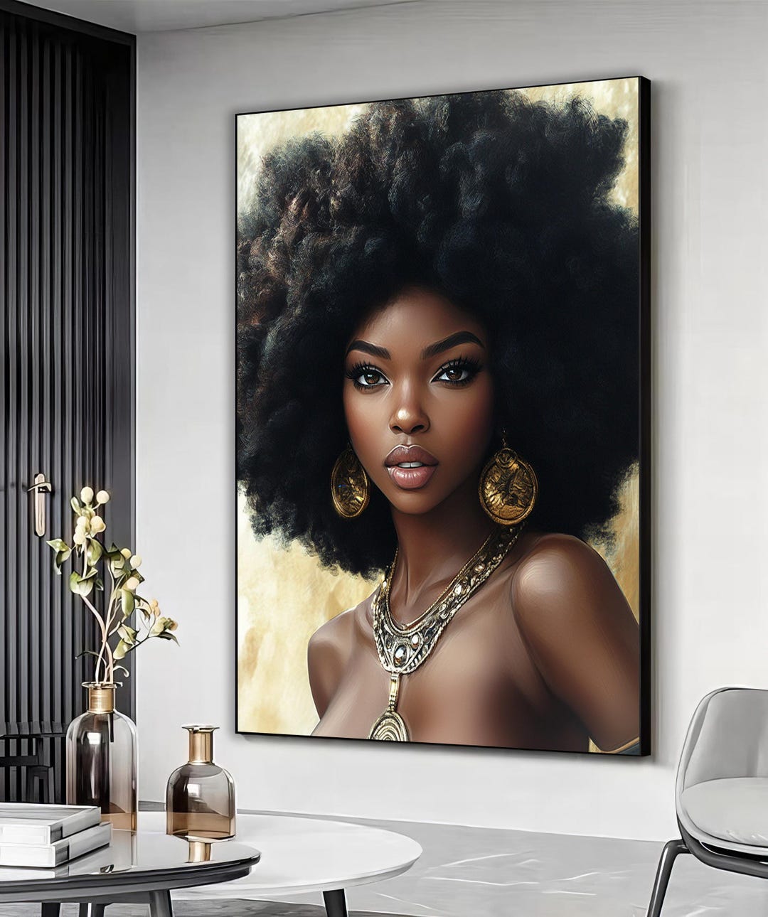Black Woman Portrait, Black Woman Gold Earrings Artwork, Afro Woman ...
