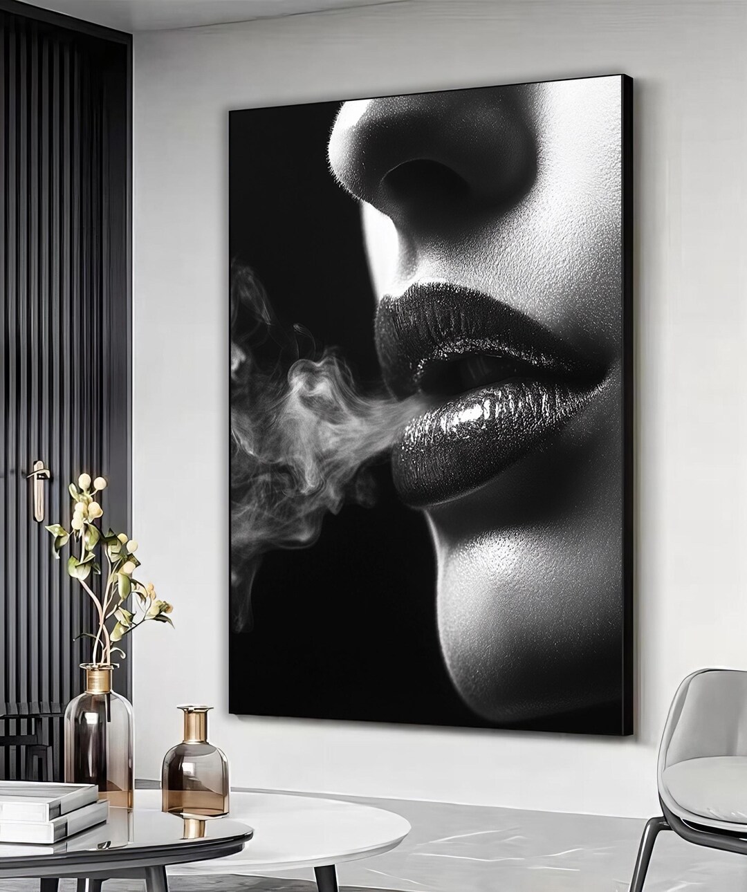 Woman Lips Smoking Canvas, Woman Lips Art Print, Black and White ...