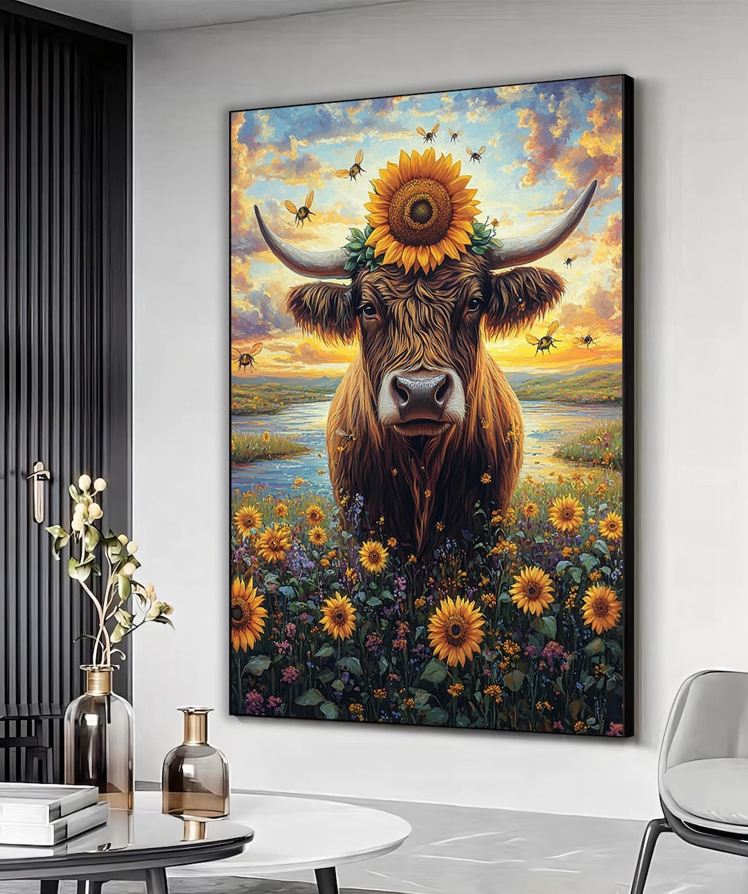 Highland Cow Canvas Art Print, Highland City Cow Wall Art, Sunflowers Painting, Nature Art ...