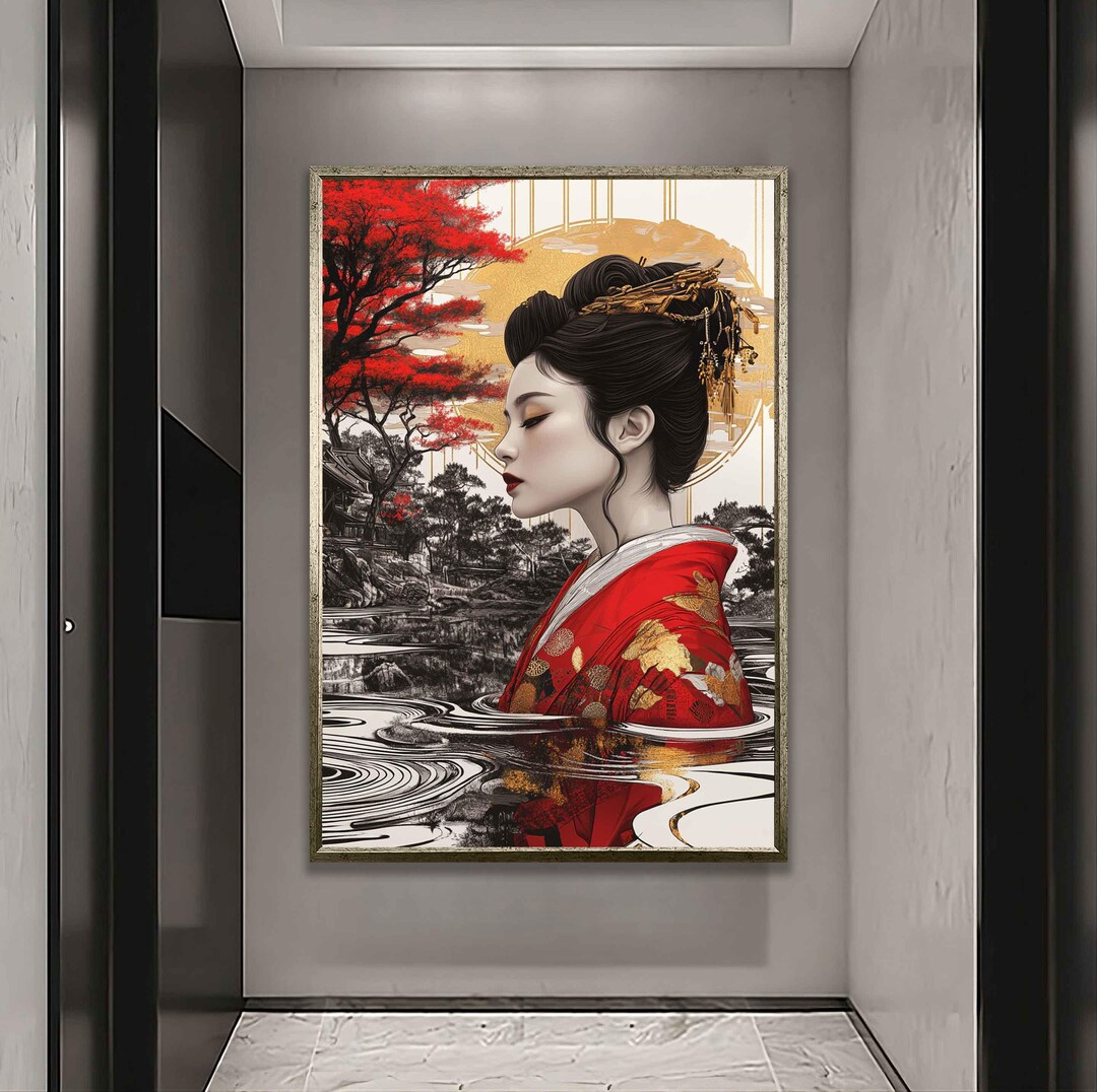 Geisha Red Kimono Painting, Geisha Canvas Print, Geisha Scenery Art ...