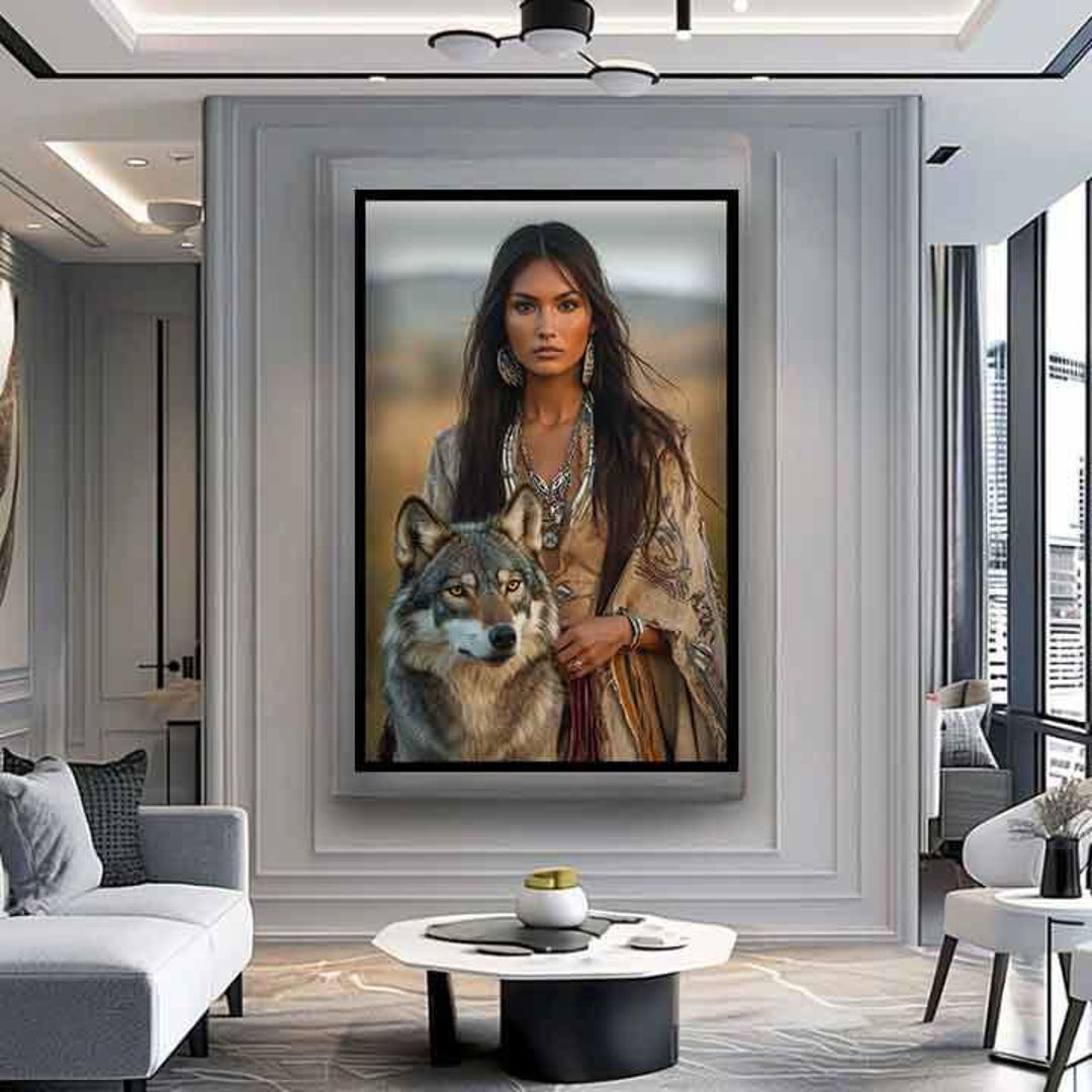 Native American Woman Canvas, Native American Woman Wolf Art Print ...