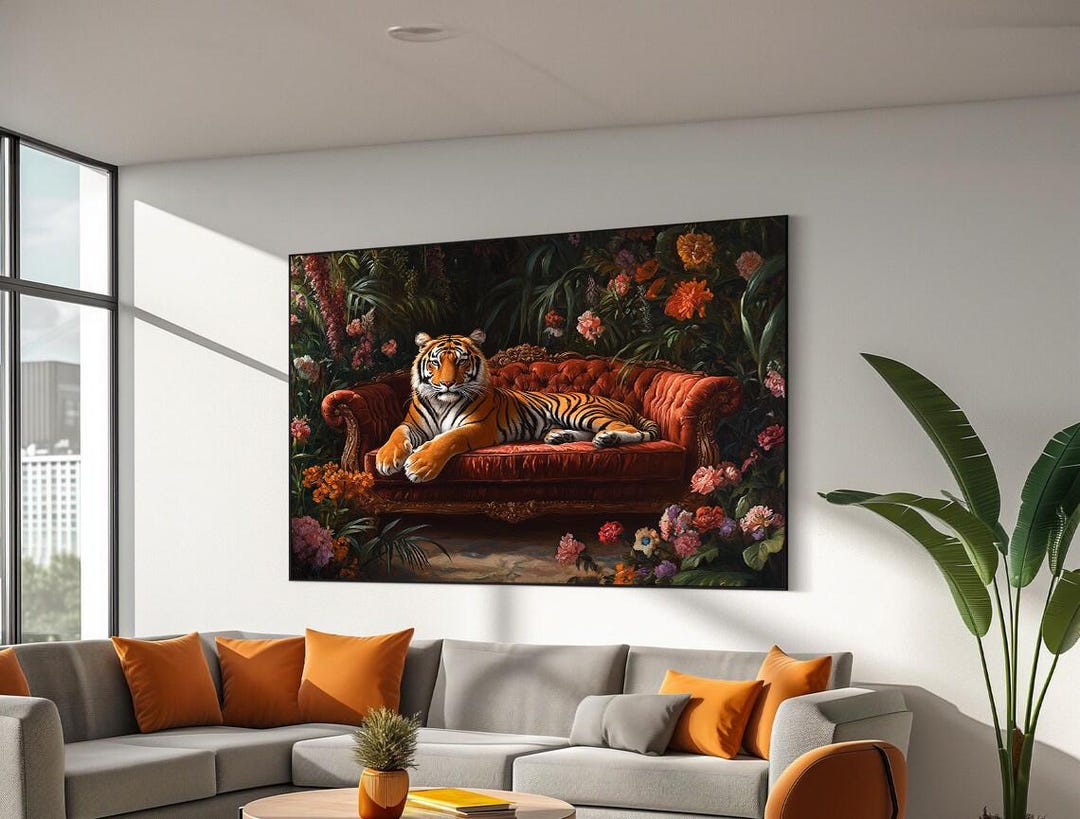 Tiger on Couch Canvas Art, Tiger Lying on Couch Wall Art, Tropical ...