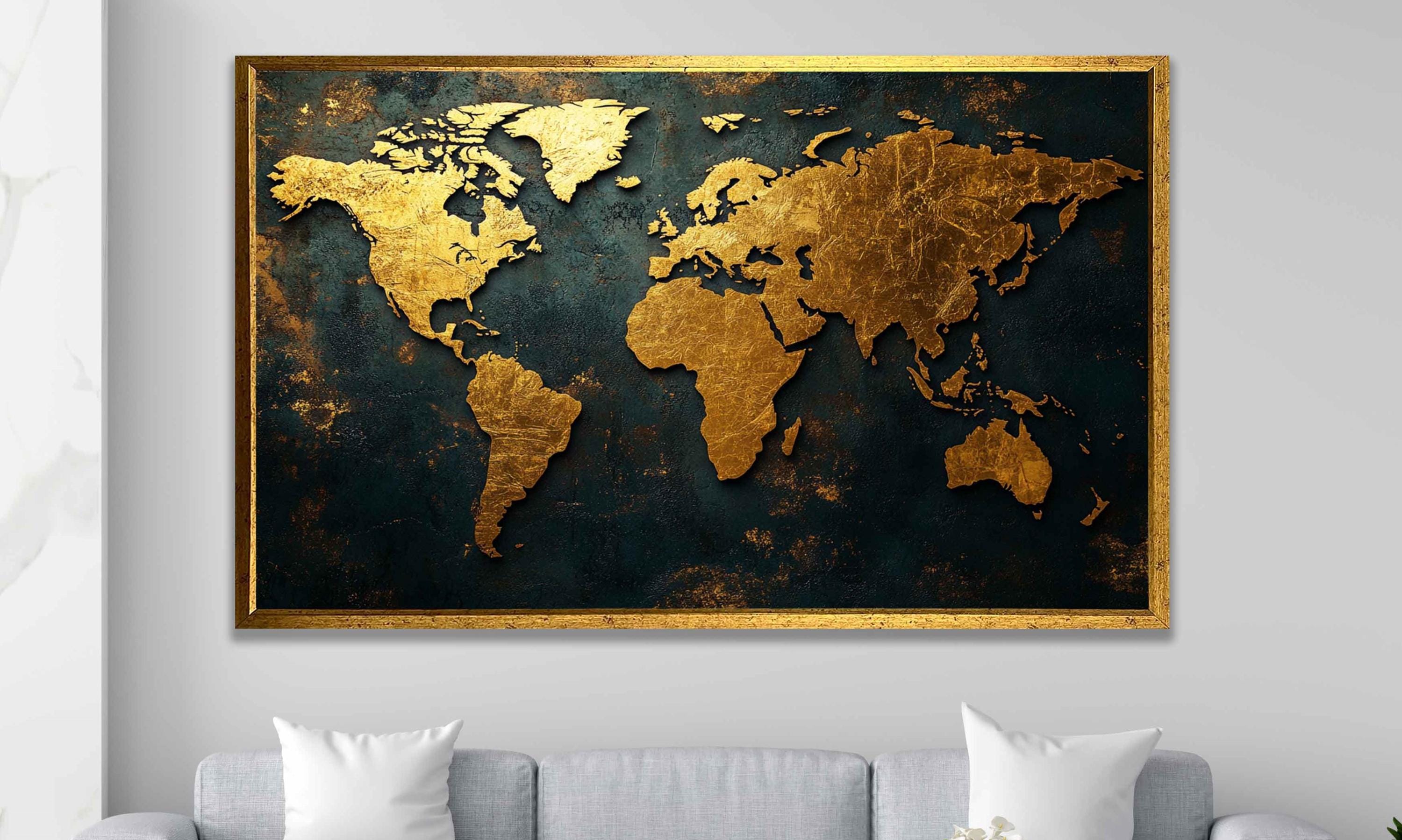 Gold World Map Wall Art Canvas, Black World Map Art Print, Map Wall ...