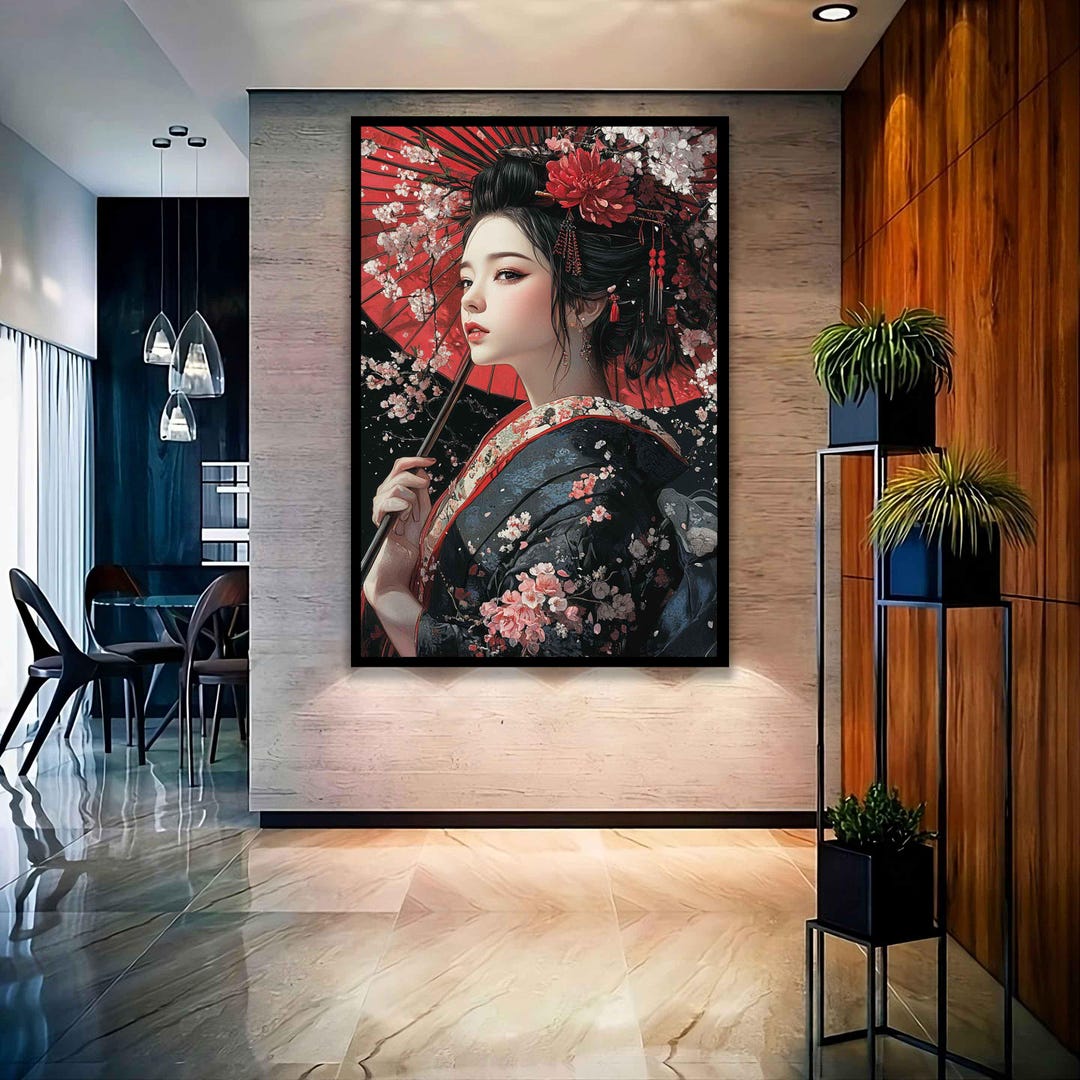 Geisha Umbrella Canvas, Geisha Painting, Geisha Sakura Blossoms Art ...