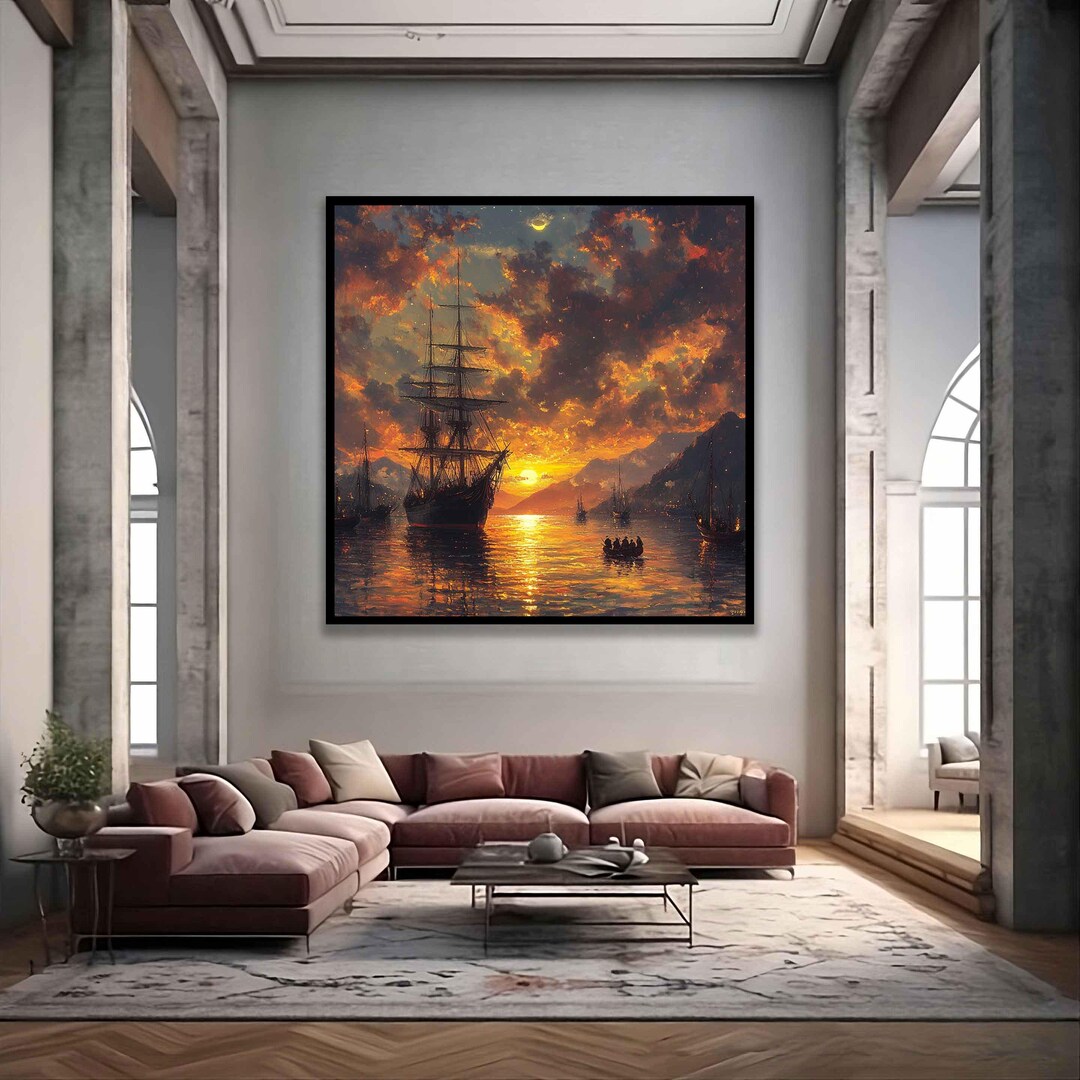 Ships Sunset Scenery Art Print, Ships Sunset Sea Landscape Painting ...