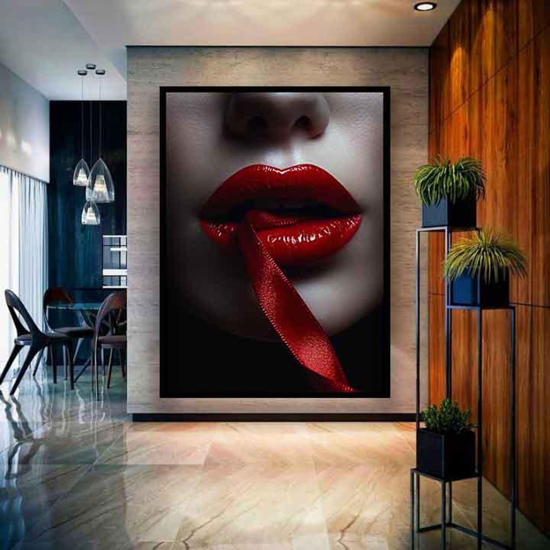 Red Lips Ribbon Art , Woman Red Lips Ribbon Painting, Woman Red Lips ...