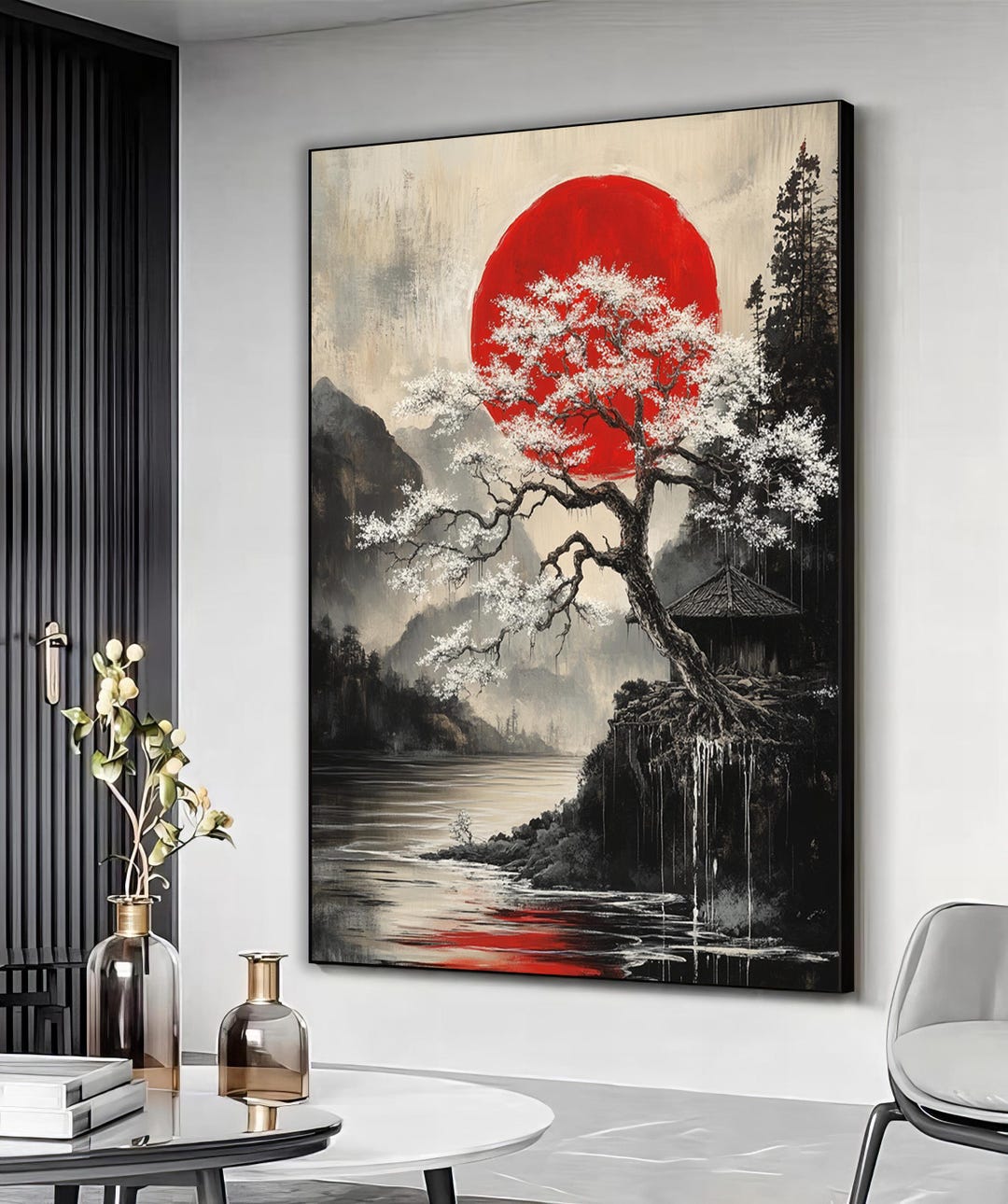Japanese White Tree Scenery Wall Art, Japanese Landscape Wall Art ...