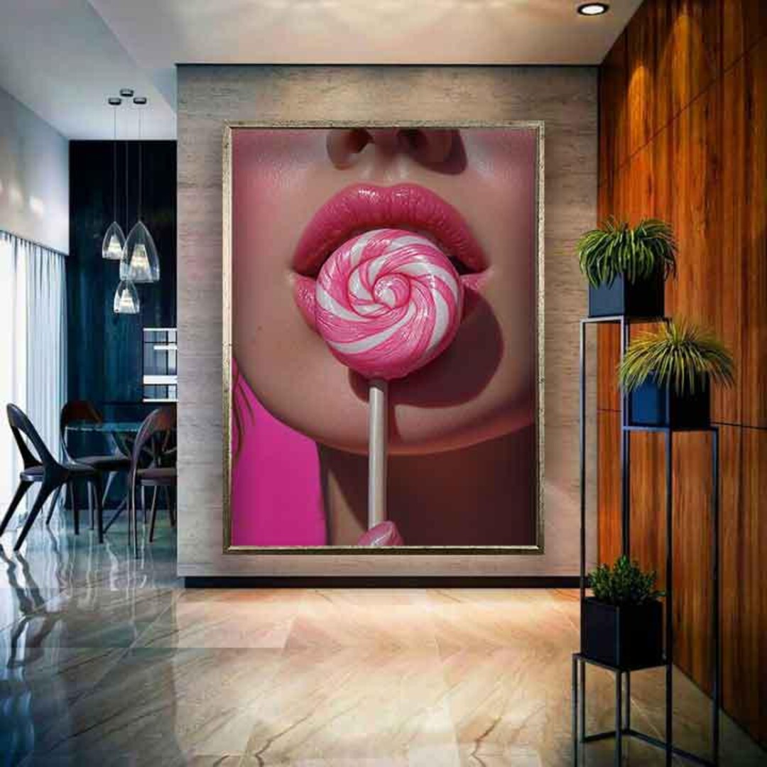 Pink Lips Lollipop Canvas , Woman Pink Lips Lollipop Painting, Woman ...
