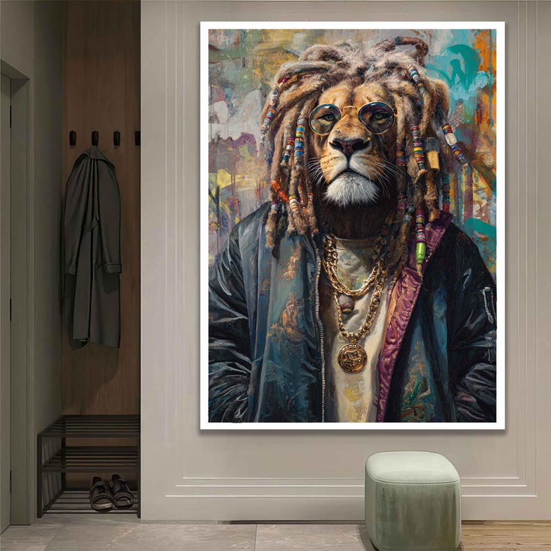 Quadro de parede com leão e dreadlocks, tela com retrato de animal ...