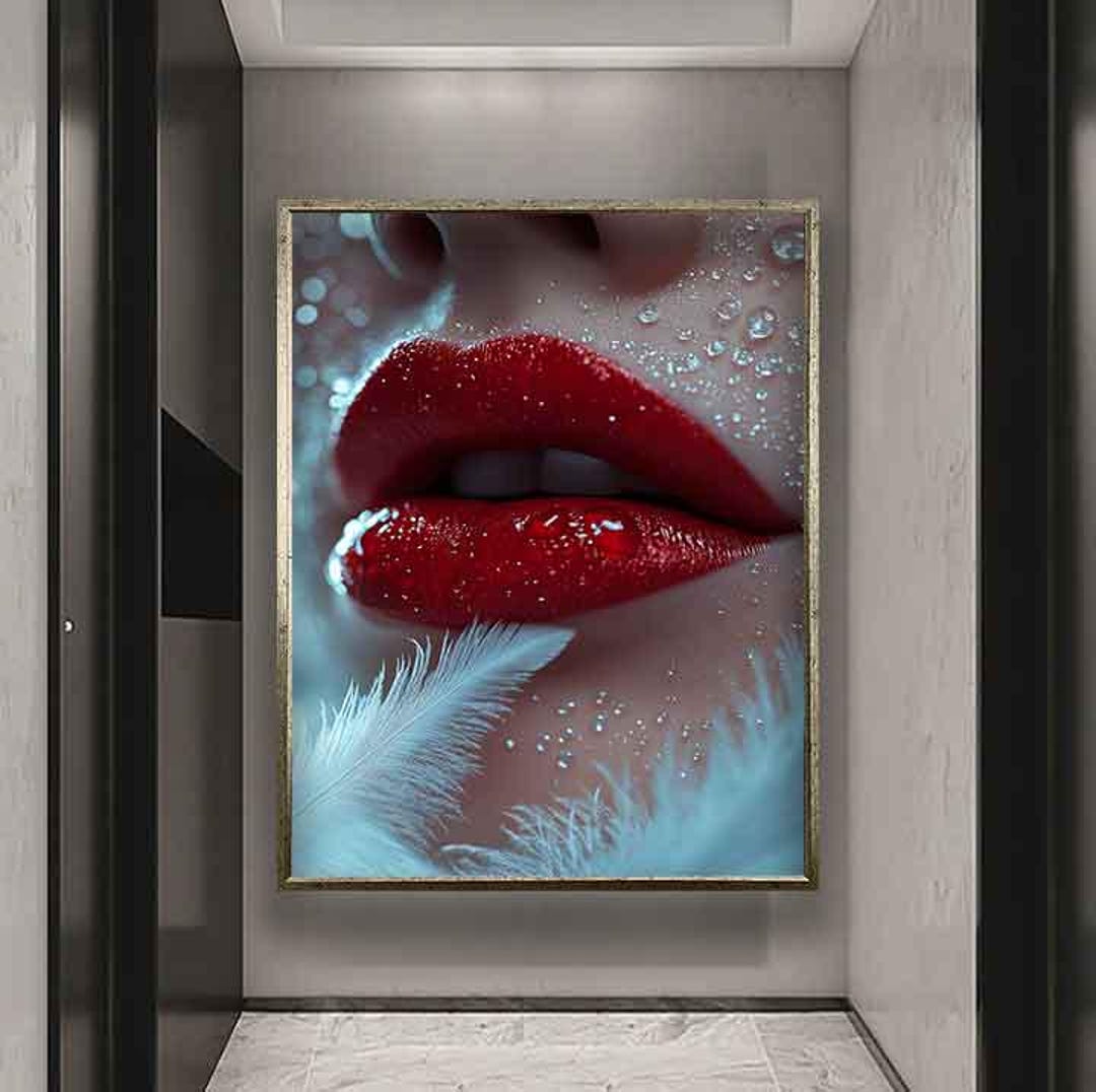 Red Lips Feathers Canvas , Woman Red Lips Feather Painting, Woman Red ...