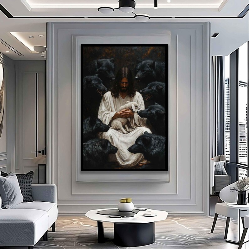 Jesus Lamb Wall Art, Jesus Wolf Sheep Canvas, Jesus Sheep Painting ...