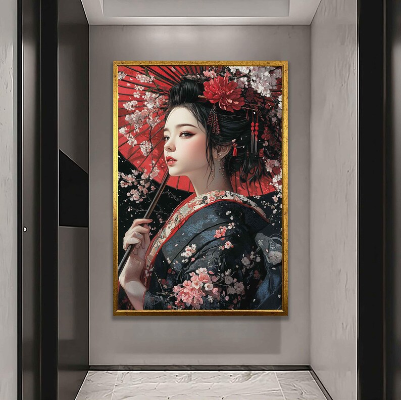 Geisha Umbrella Canvas, Geisha Painting, Geisha Sakura Blossoms Art ...