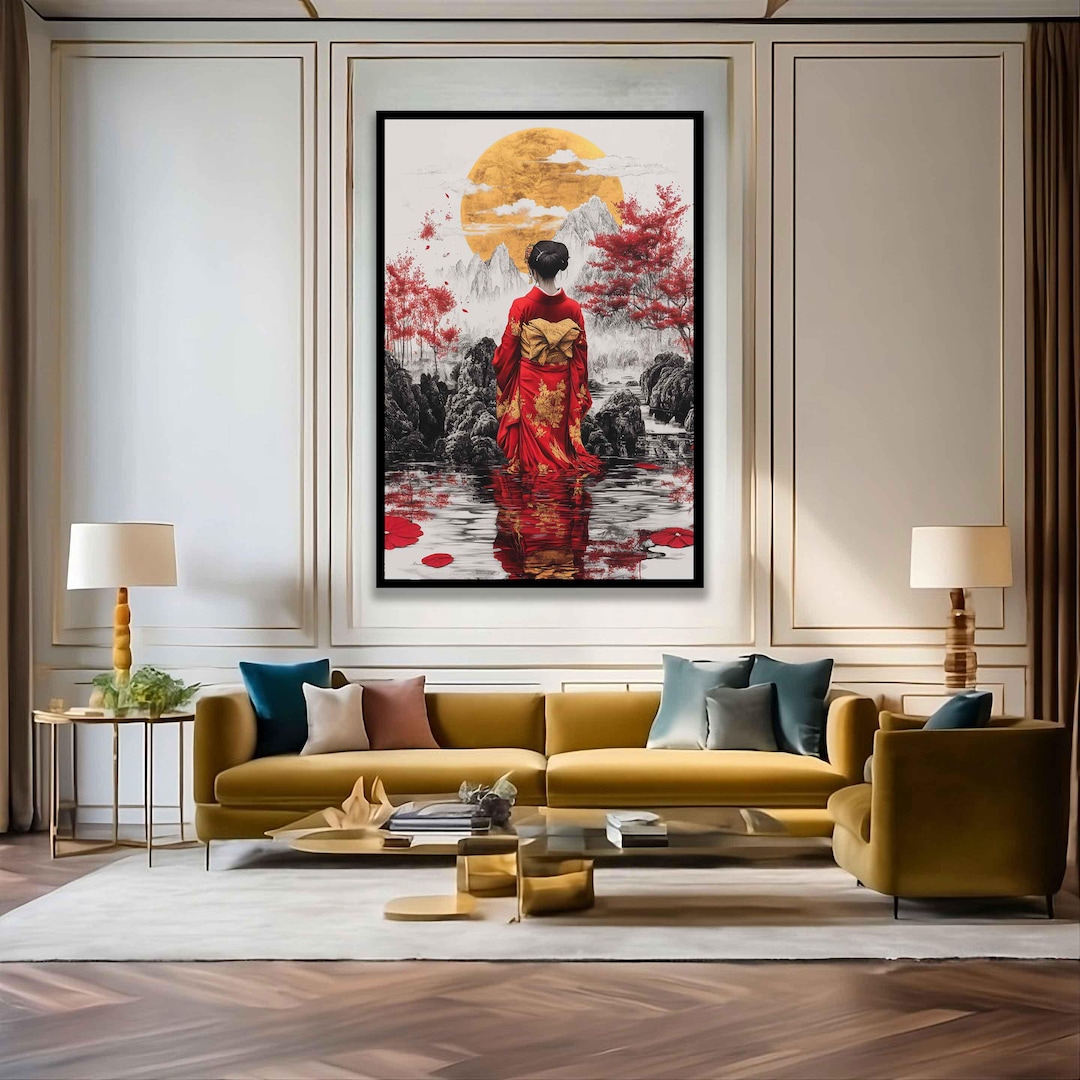 Geisha Red Kimono Painting, Geisha Canvas Print, Geisha Scenery Art ...