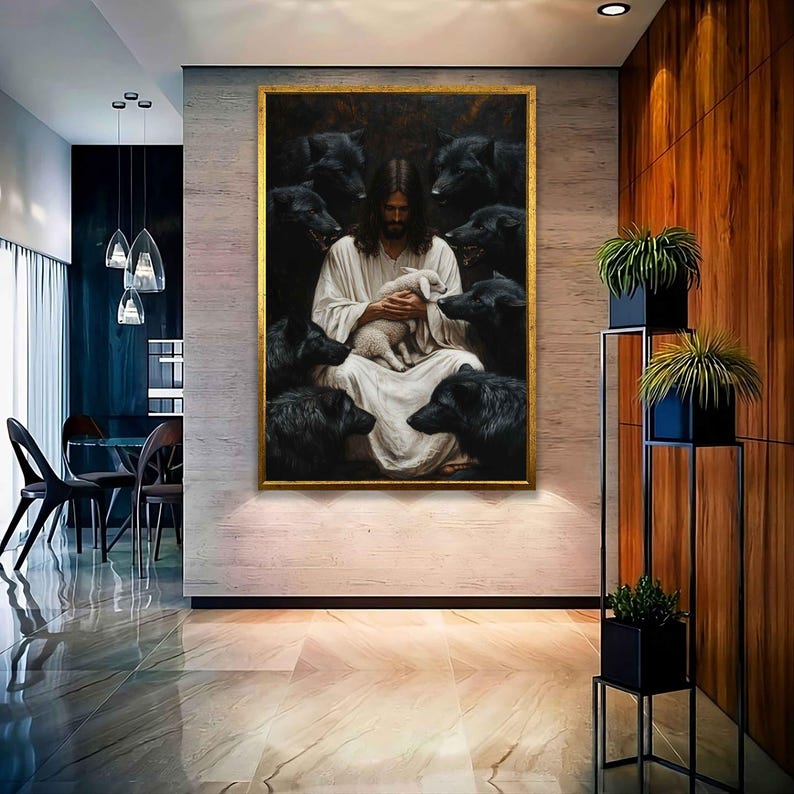 Jesus Lamb Wall Art, Jesus Wolf Sheep Canvas, Jesus Sheep Painting ...