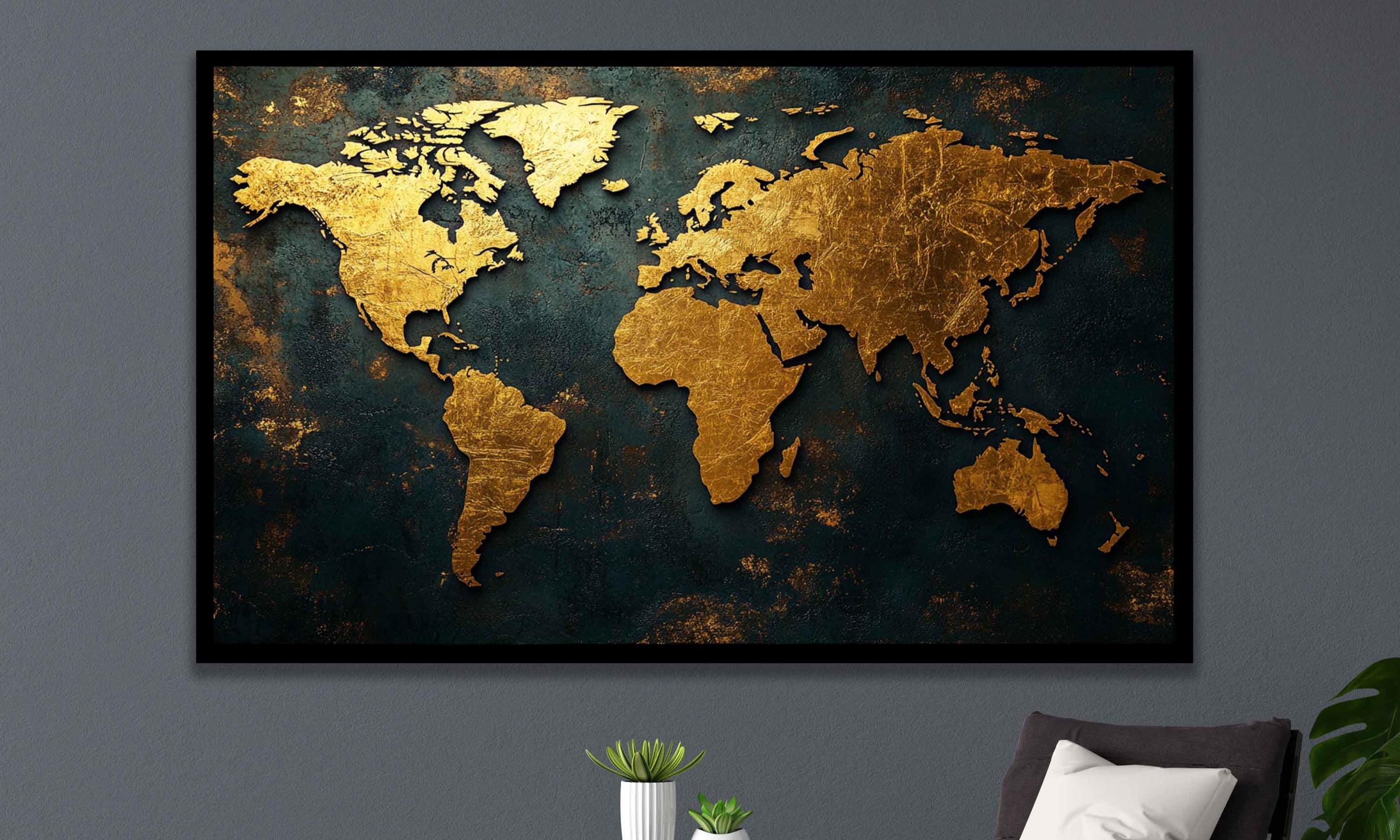 Gold World Map Wall Art Canvas, Black World Map Art Print, Map Wall ...