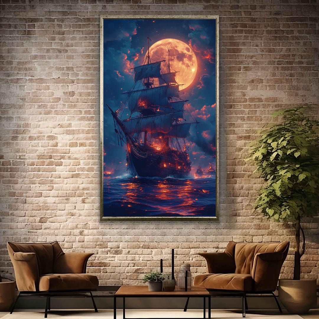 Ship Night Art Print, Ship Moon Canvas, Ship Digital Print, Ship Wall ...
