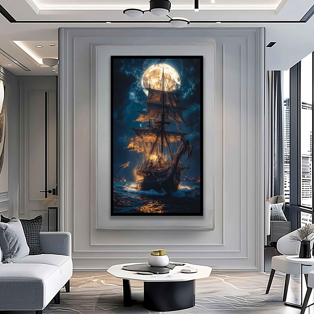 Ship Night Art Print, Ship Moon Canvas, Ship Digital Print, Ship Wall Art, Ship Canvas Print ...