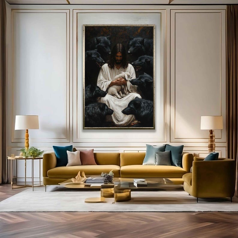 Jesus Lamb Wall Art, Jesus Wolf Sheep Canvas, Jesus Sheep Painting ...