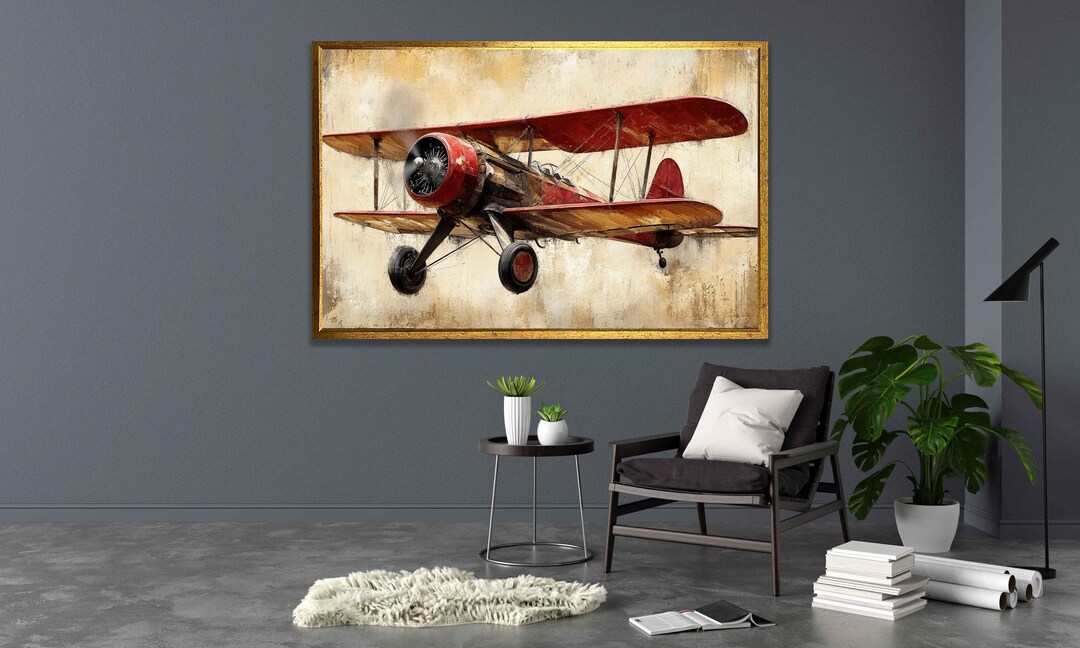 Vintage Red Biplane Canvas Art, Oil Painting Style Art Print, Aircraft ...