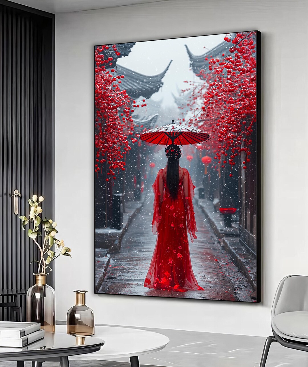 Geisha Holding an Umbrella Art, Red Geisha Canvas Print, Japanese Woman ...