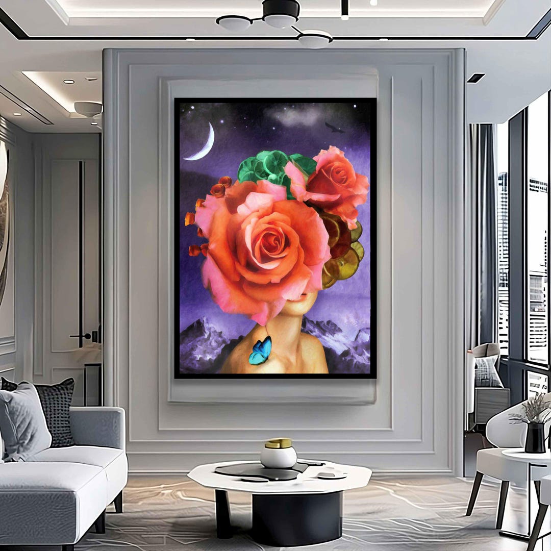 Woman Roses Art, Woman Roses on Head Painting, Woman Red Roses Canvas ...