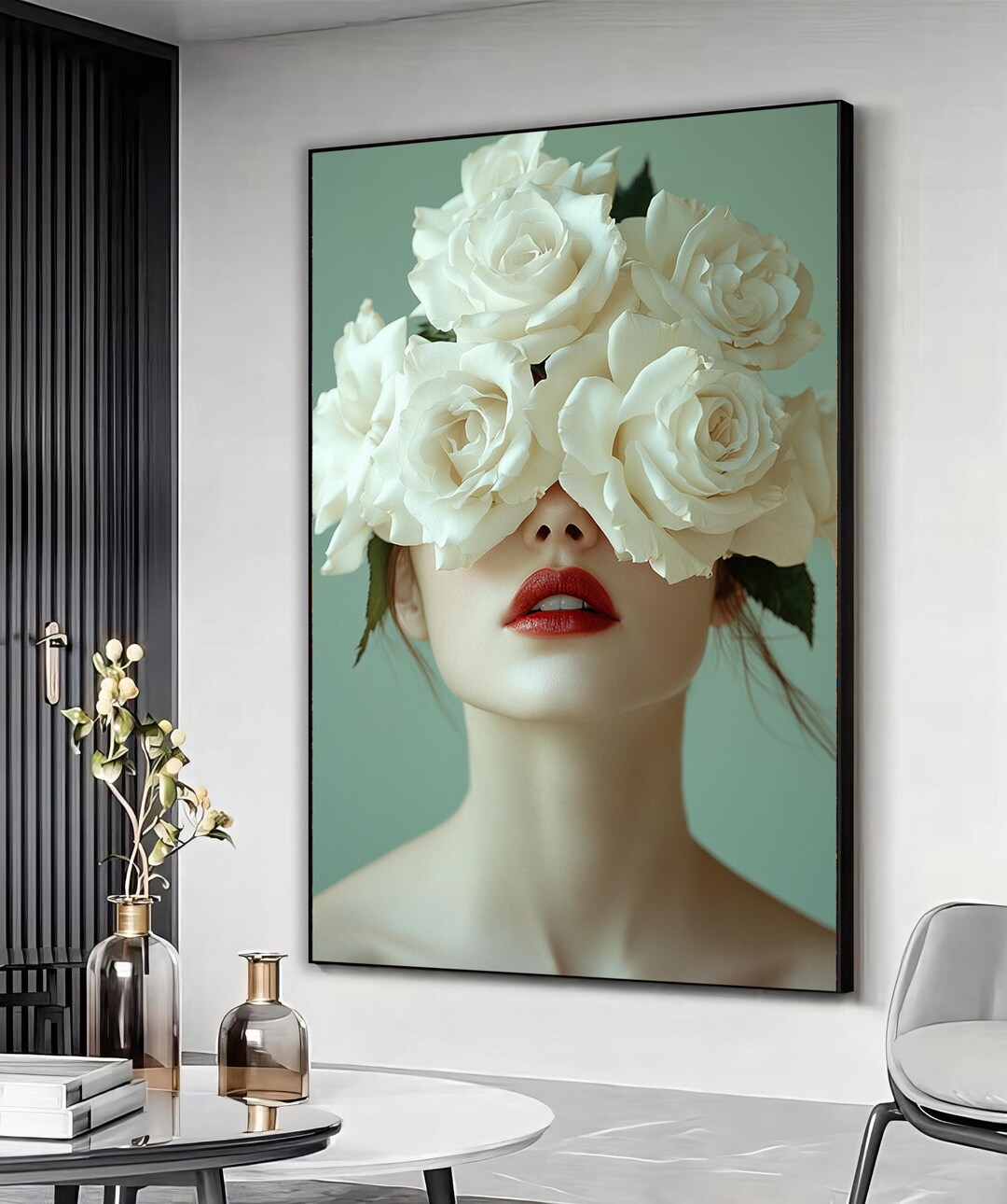 Woman White Roses Canvas Print, White Roses Abstract Woman Wall Art ...