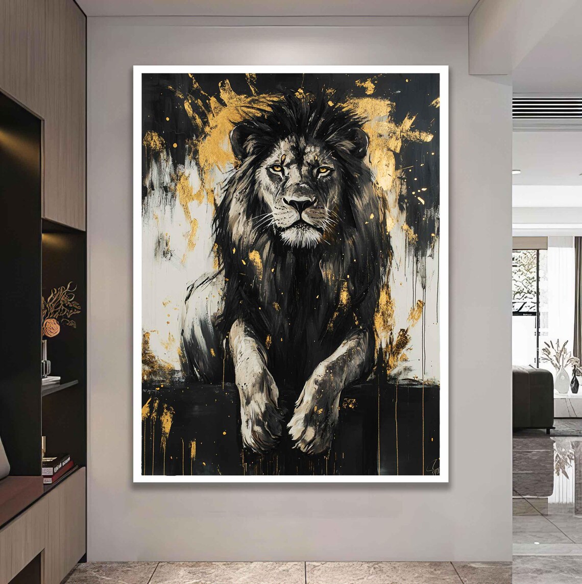 Lion Gold Art Print, Abstract Lion Canvas Artwork, Gold Lion Painting ...