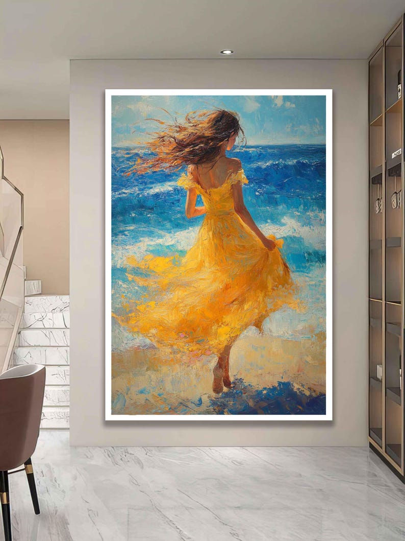 Elegant Woman in Yellow Dress in Beach Canvas, Beach Woman Painting ...