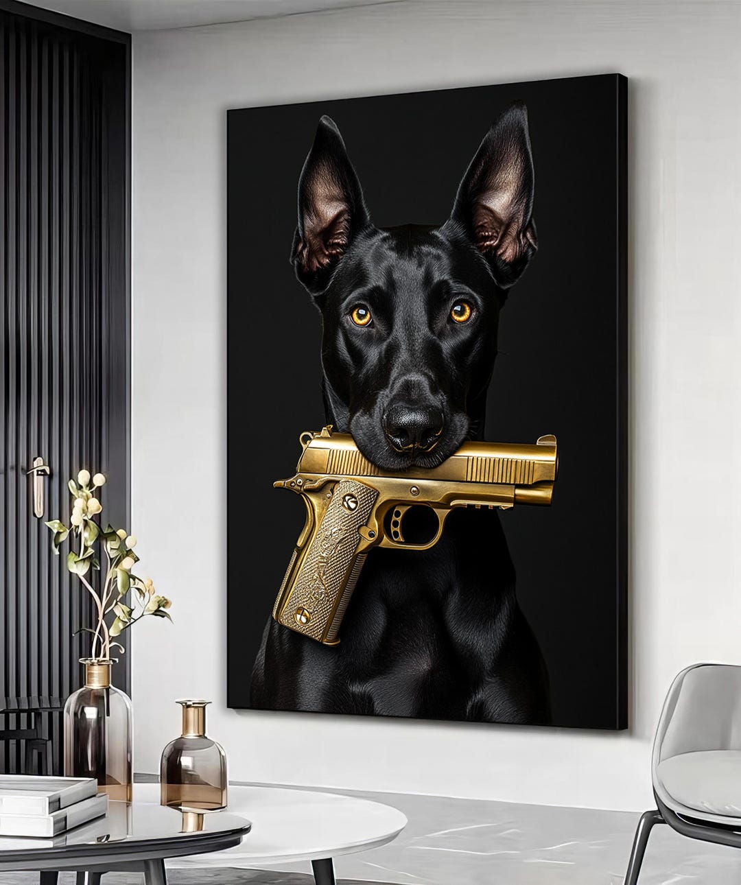 Black Doberman Holding Gun Art Canvas, Golden Gun Wall Art, Dog With ...