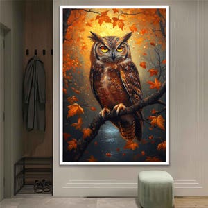 Owl Autumn Themed Nature Inspired Canvas Print, Fall Owl Illustration ...